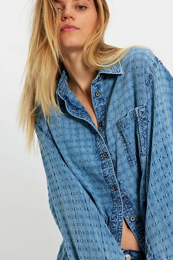 Free People We The Free Sabine Indigo Dobby Button Down