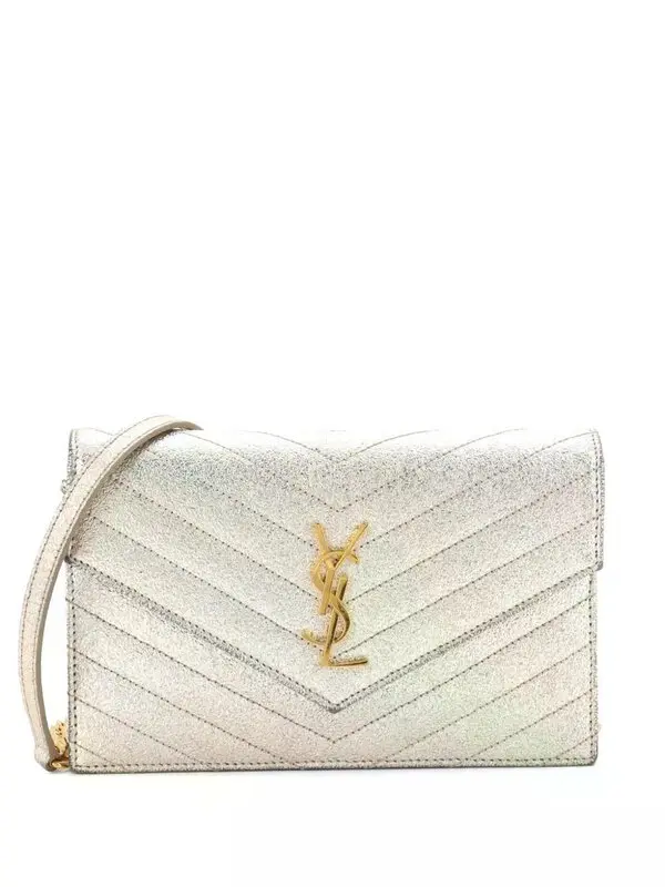 Saint Laurent Classic Monogram Wallet On Chain Matelasse Chevron Metallic Leather Small Crossbody Bag - Gold