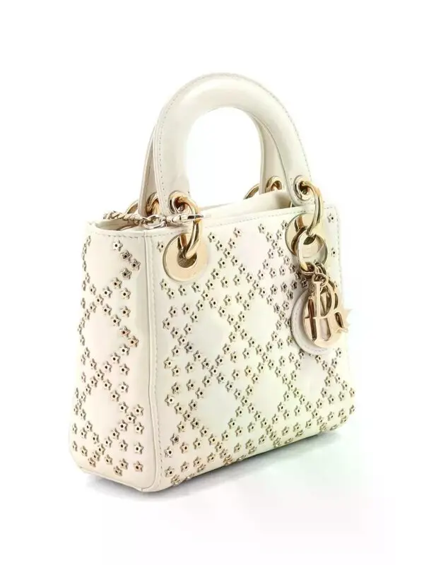 Dior Lady Mini Satchel Crystal Embellished Cannage Quilt Chain Bag - White