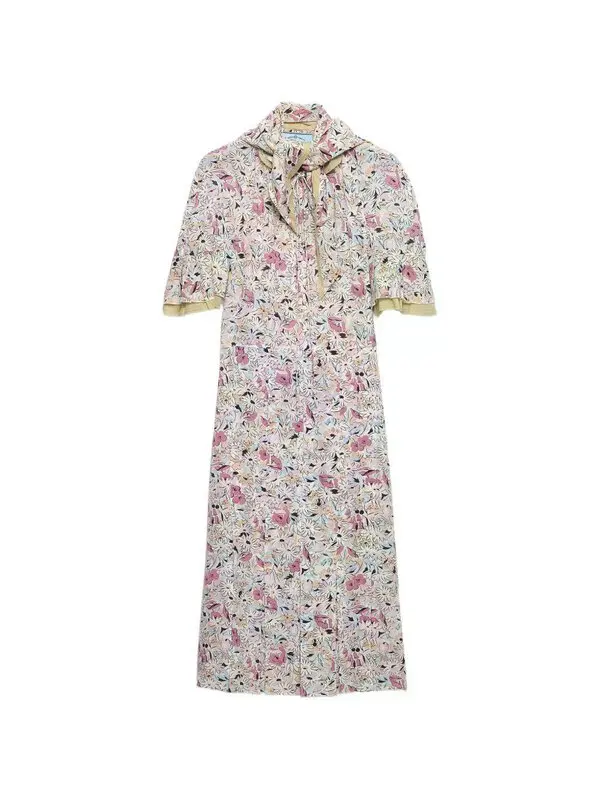 Prada Floral-print Georgette Dress With Scarf - Neutrals