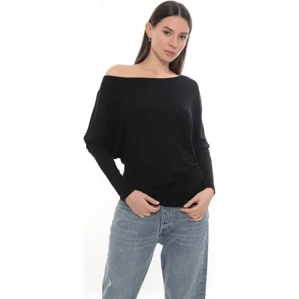 MONLICIA Luna Off-shoulder Draped Long Sleeve Stretch Top - Black