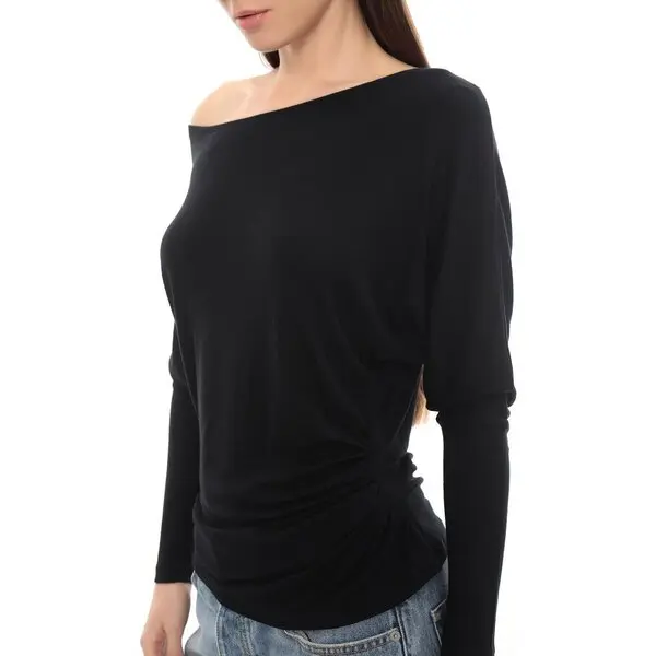 MONLICIA Luna Off-shoulder Draped Long Sleeve Stretch Top - Black