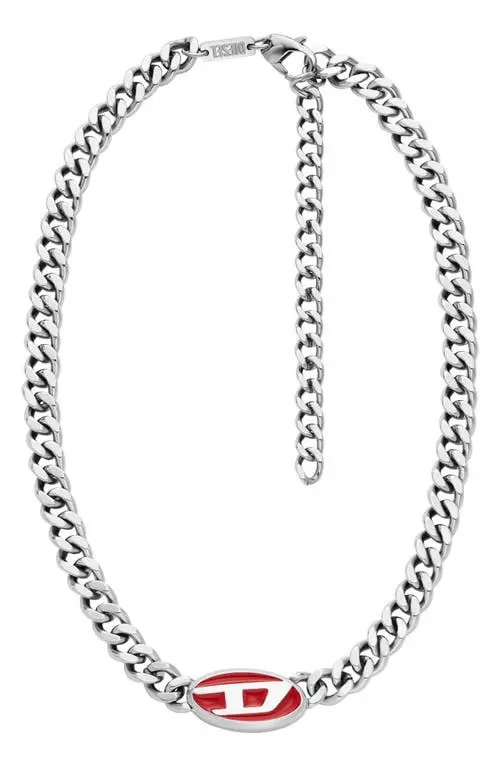 DIESEL® Oval D Enamel Pendant Chain Necklace - Silver/red