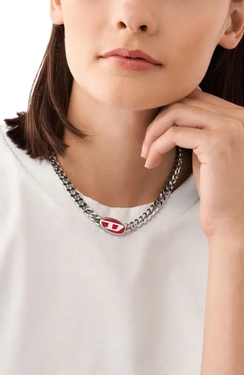 DIESEL® Oval D Enameled Pendant Chain Necklace - Silver/red