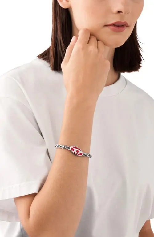 DIESEL® Oval D Enamel Chain Bracelet - Silver/red