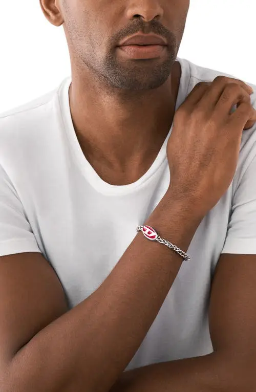 DIESEL® Oval D Enamel Chain Bracelet - Silver/red