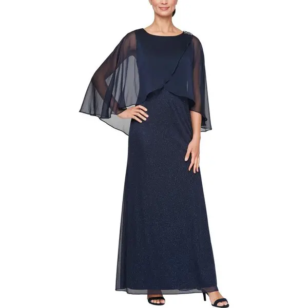 SL FASHIONS Cape Overlay Glitter Mesh Gown - Navy