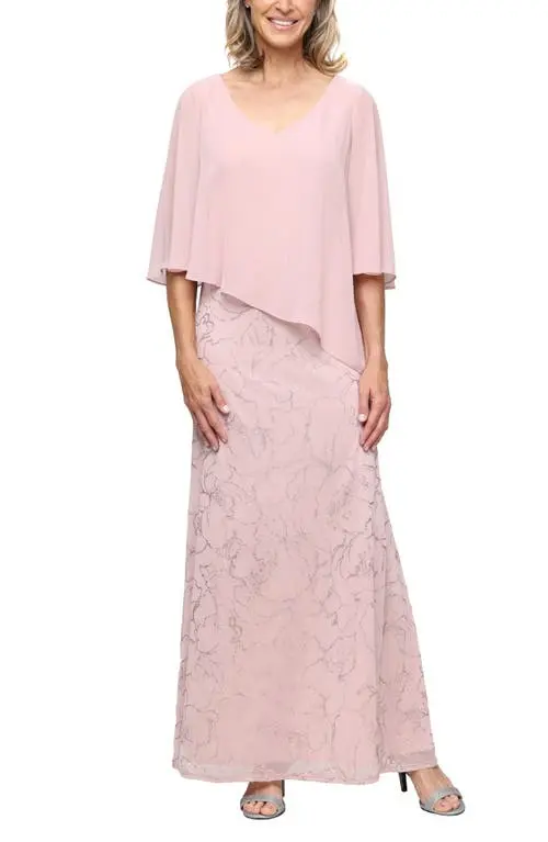 SL FASHIONS Cape Sleeve Floral Glitter Mesh Gown - Blush