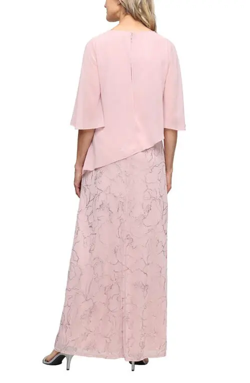 SL FASHIONS Cape Sleeve Floral Glitter Mesh Gown - Blush