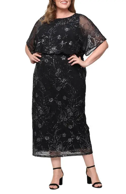 SL FASHIONS Sequin Blouson Midi Dress - Black