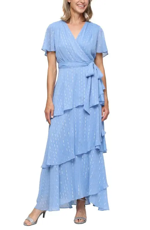 SL FASHIONS Metallic Print Tiered Chiffon Gown