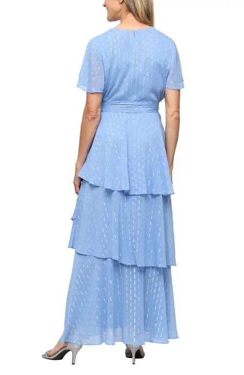 SL FASHIONS Metallic Print Tiered Chiffon Gown