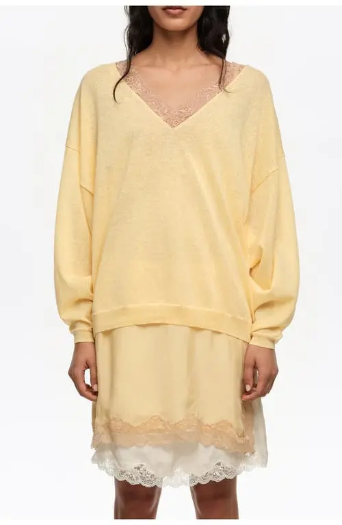 Bimba Y Lola Linen-cotton Blend Lace Trimmed Sweater - Light Yellow