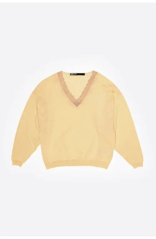 Bimba Y Lola Long V-neck Lace Trim Sweater