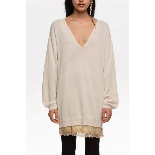 Bimba Y Lola Cotton Blend V-neck Long Sleeve Sweater - Ivory