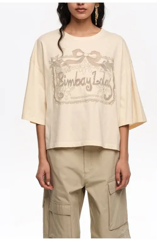 Bimba Y Lola Maxi Broderie Anglaise Logo Cropped T-shirt - Vanilla