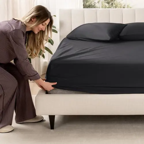 BARE HOME 400 Thread Count Organic Cotton Sateen Fitted Sheet - Black