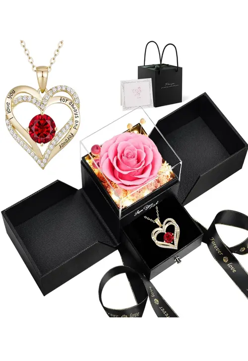 LOVERY Preserved Pink Rose With Led Lights & 14k Gold Plated Double Heart Ruby Necklace - Black/ Pink