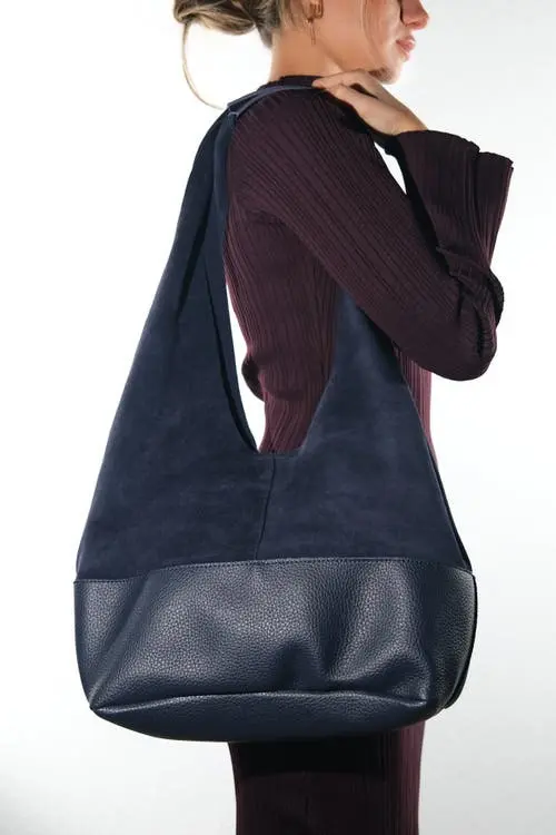 FOREVER & ALWAYS SHOES Avos Leather Shoulder Bag - Navy Suede