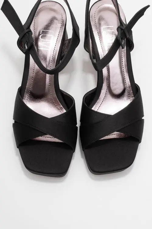 PROLOGUE SHOES Lisbon Platform Block Heel Sandal - Black Satin