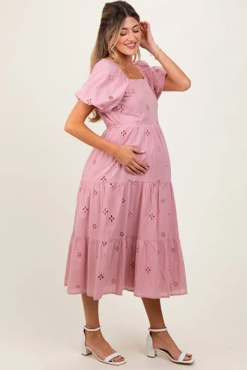 PINKBLUSH Eyelet Square Neck Midi Dress