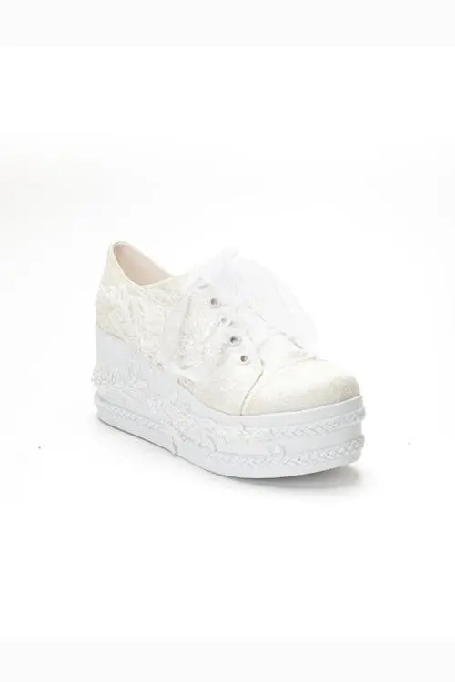 FOREVER & ALWAYS SHOES Valencia Lace Platform Bridal Sneakers - Ivory