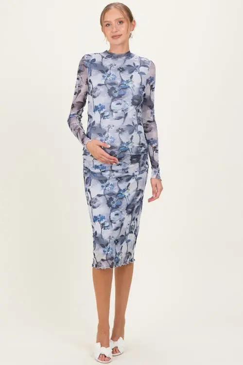 PINKBLUSH Floral Mesh Long Sleeve Midi Dress - Blue