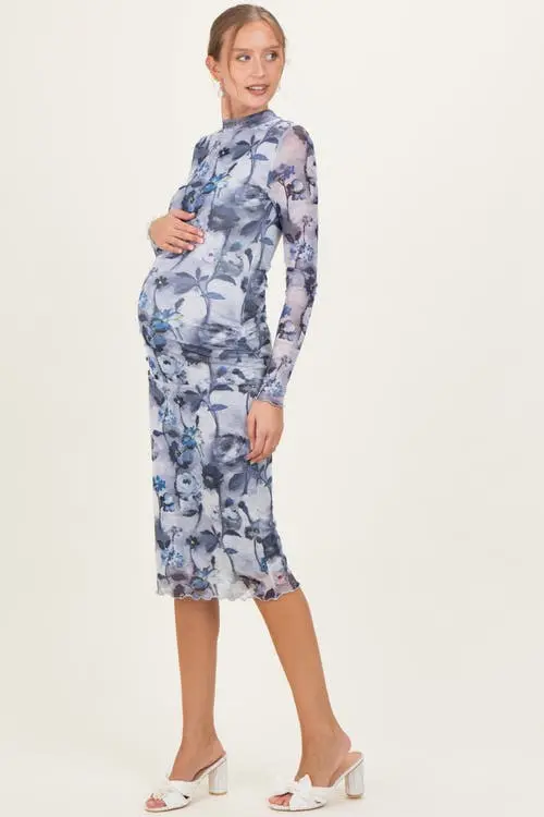 PINKBLUSH Floral Mesh Long Sleeve Midi Dress - Blue