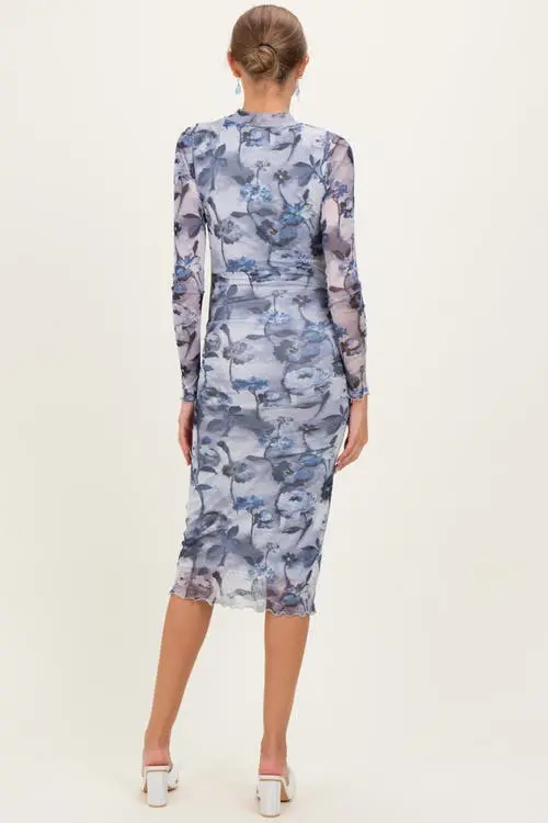 PINKBLUSH Floral Mesh Long Sleeve Midi Dress - Blue