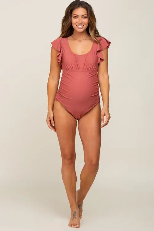 PINKBLUSH Ruffle Shoulder Pleated Side Maternity One Piece Swimsuit