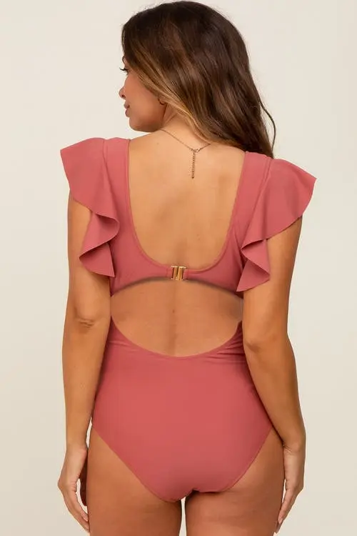 PINKBLUSH Ruffle Shoulder Pleated Side One Piece Swimsuit
