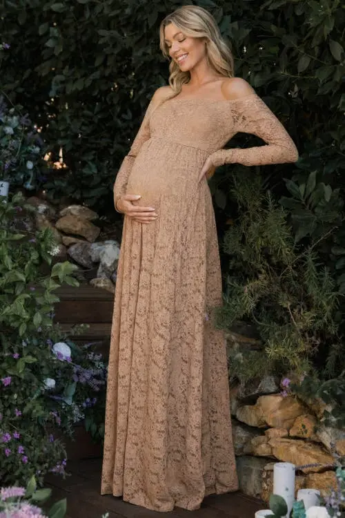 PINKBLUSH Floral Lace Long Sleeve Off Shoulder Maxi Dress - Gold