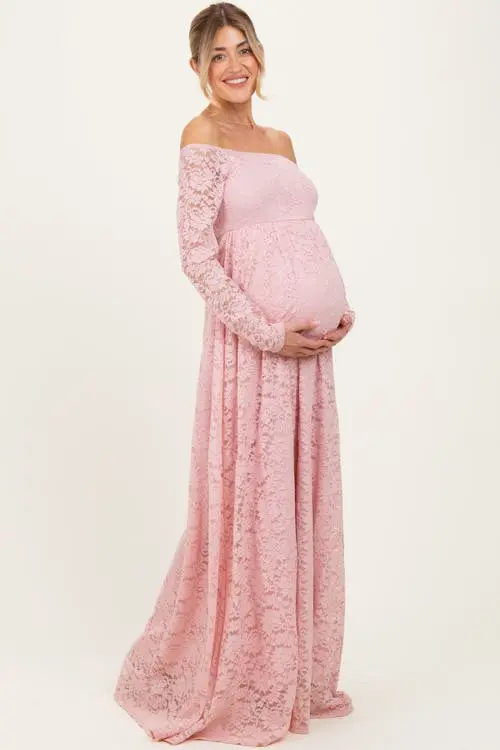 PINKBLUSH Floral Lace Long Sleeve Off Shoulder Maxi Dress - Light Pink
