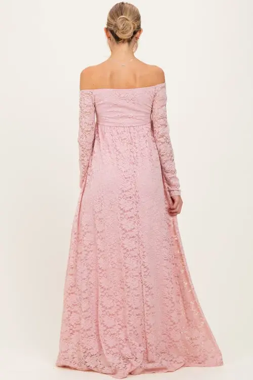 PINKBLUSH Floral Lace Long Sleeve Off Shoulder Maxi Dress - Light Pink