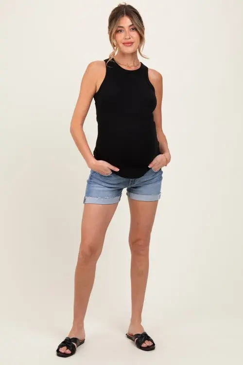 PINKBLUSH Raw Hem Cuffed Maternity Denim Shorts