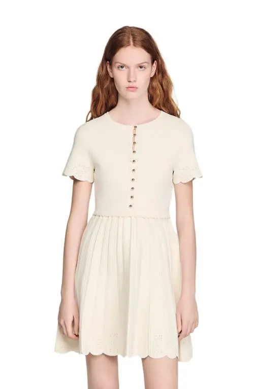 Sandro Pointelle Knit Short Dress - Ecru