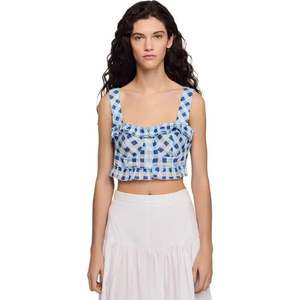 Sandro Gingham Linen Crop Top