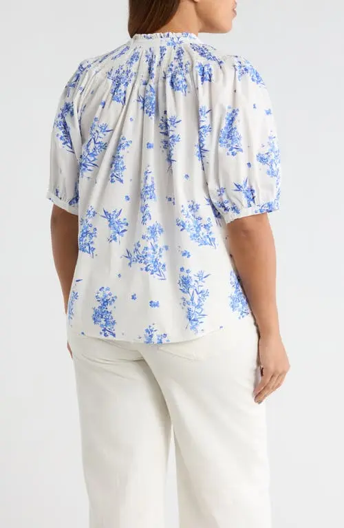 SUGARLIPS Bestia Floral Smocked Yoke Button-up Top - Cream-blue