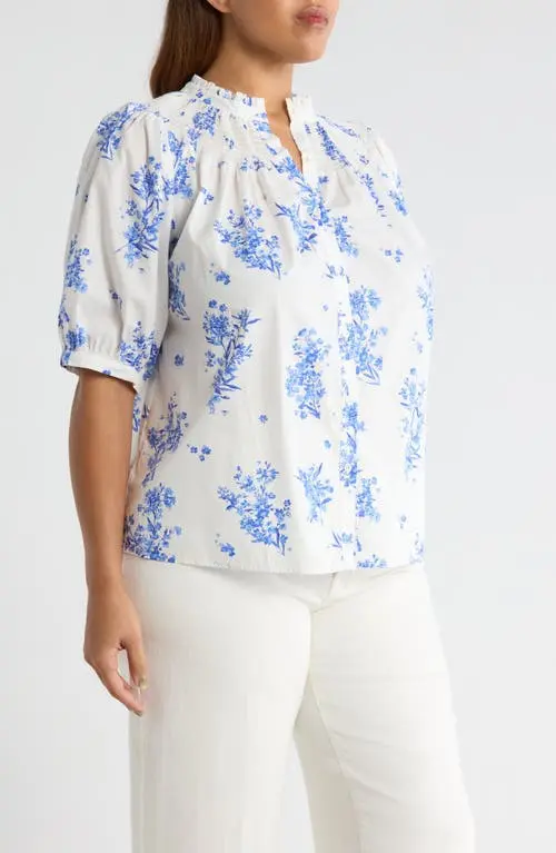 SUGARLIPS Bestia Floral Smocked Yoke Button-up Top - Cream-blue