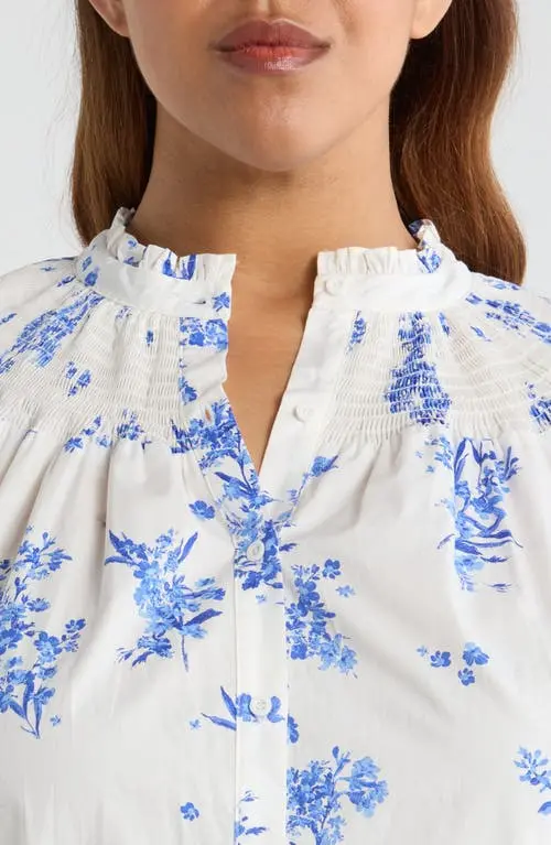 SUGARLIPS Bestia Floral Smocked Yoke Button-up Top - Cream-blue