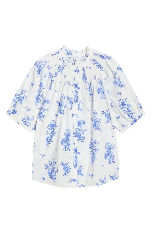 SUGARLIPS Bestia Floral Smocked Yoke Button-up Top - Cream-blue