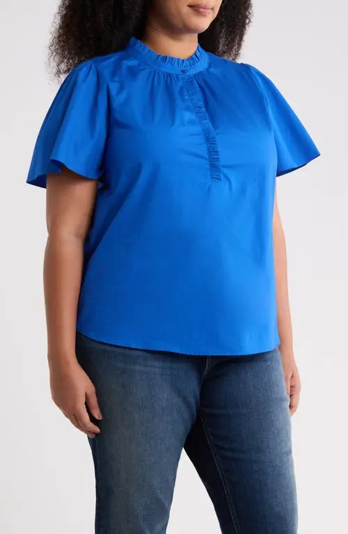 SUGARLIPS Ruffle Trim Cotton Poplin Shirt - Cobalt