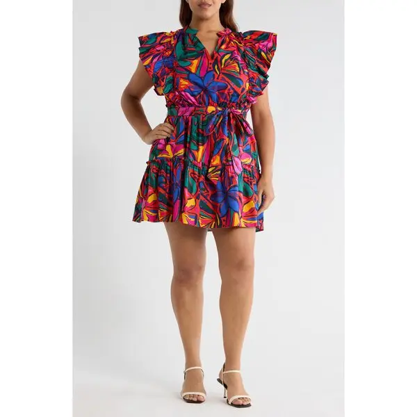 SUGARLIPS Rainbow Tropics Floral Ruffle Mini Dress