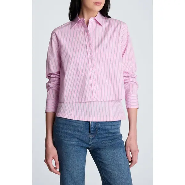 KENNETH COLE Button-up Stripe Crop Shirt - Candy Pink Multi