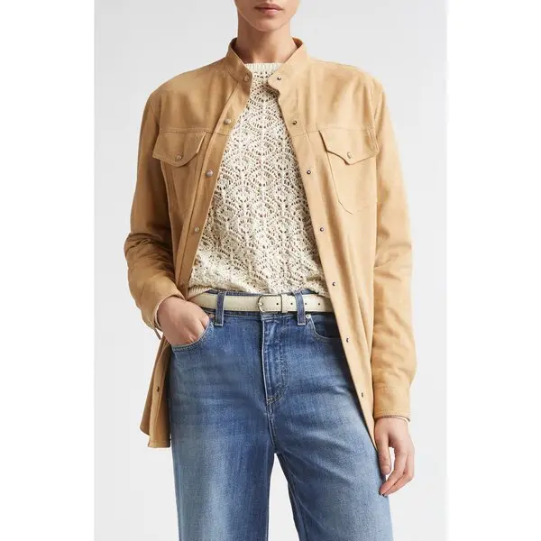 Eleventy Lambskin Suede Overshirt - Camel