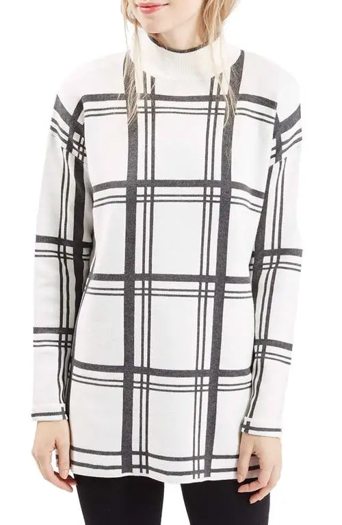Topshop Jacquard Check Tunic Sweater - Cream Multi