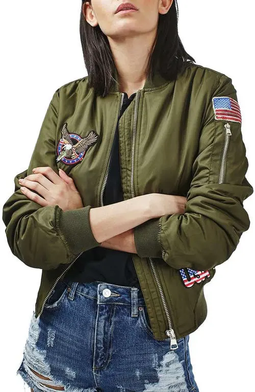 Topshop Badged Ma1 Bomber Jacket - Olive