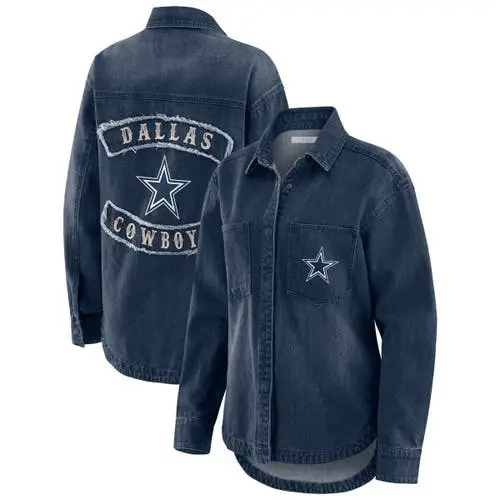 WEAR BY ERIN ANDREWS Dallas Cowboys Washed Oversized Full-snap Shacket - Denim
