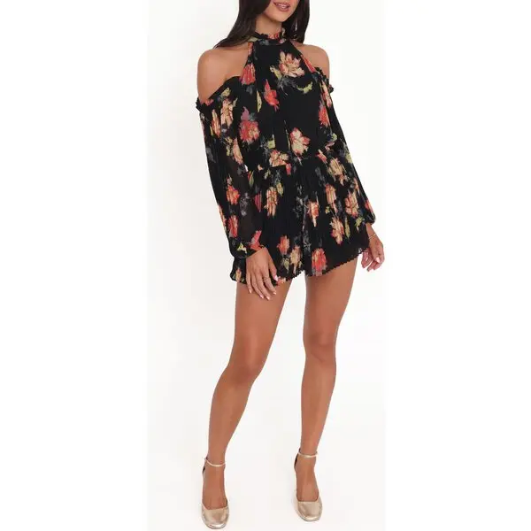 PETAL & PUP Floral Cold Shoulder Long Sleeve Romper - Black Floral
