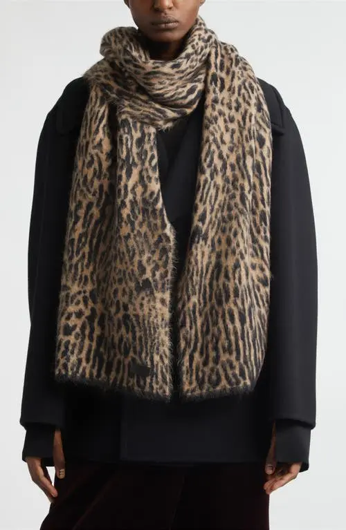 Saint Laurent Leopard Print Mohair & Wool Blend Scarf - Beige/black